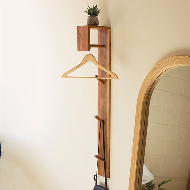 3 Hook Wood Wall Rack with Hanger Bar and Shelf | Antique Farmhouse