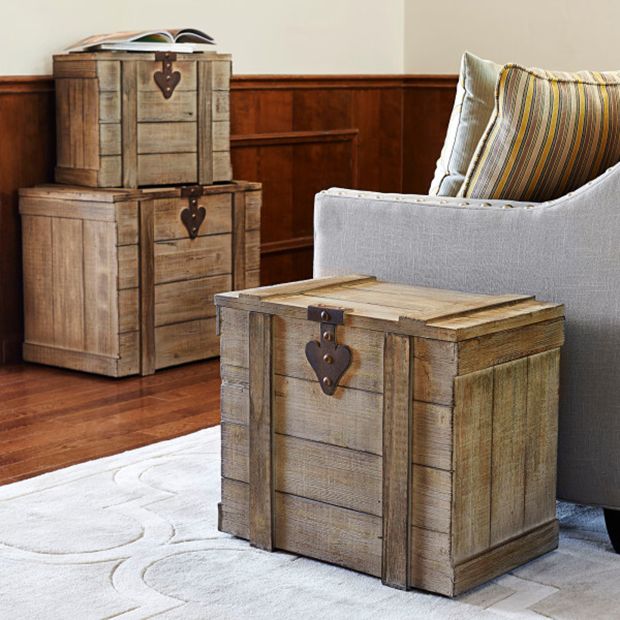 3 Piece Antiqued Wooden Storage Trunk Set | Antique Farmhouse