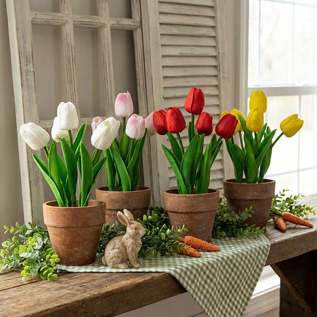 4 Piece Assorted Potted Tulips Collection | Antique Farmhouse