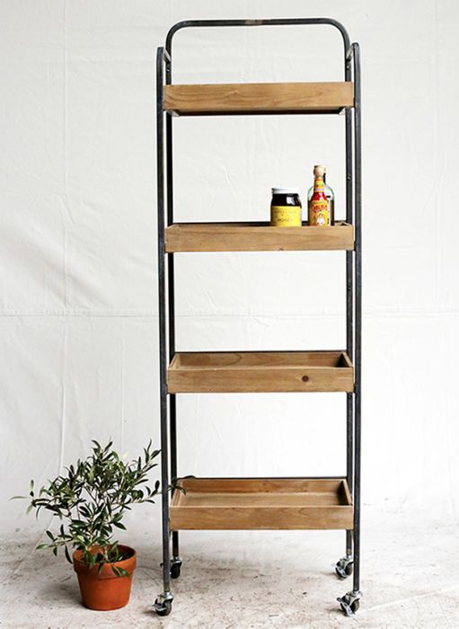 4 Tier Rack With Wood Shelves On Casters | Antique Farmhouse