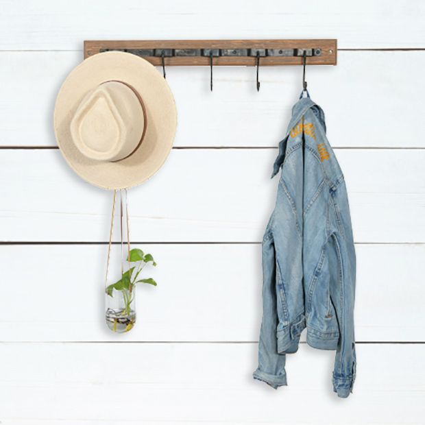 5 Hook Wood and Metal Wall Rack | Antique Farmhouse