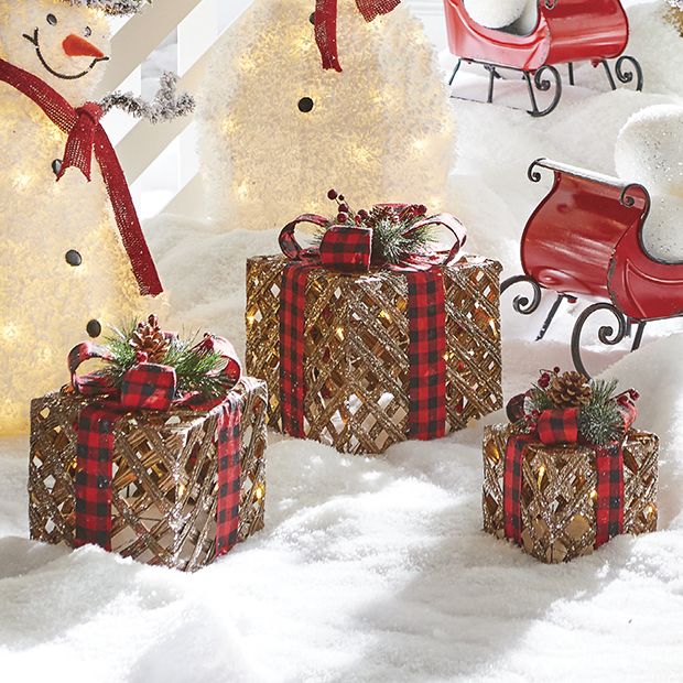 Lighted Decorative Gift With Bow Set of 3 | Antique Farmhouse