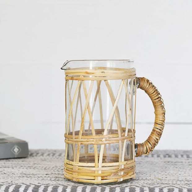 Rattan Wrapped Glass Pitcher Vase | Antique Farmhouse