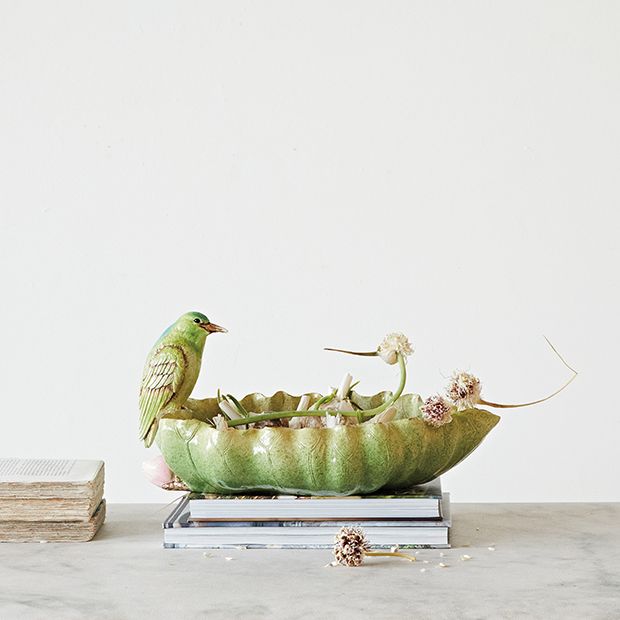 Scalloped Edge Green Dish with Bird | Antique Farmhouse