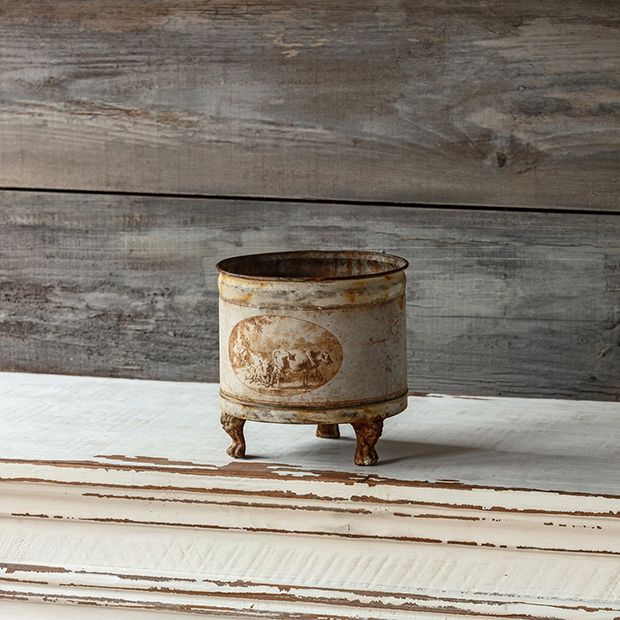 Aged Footed Pastoral Round Tole Container | Antique Farmhouse