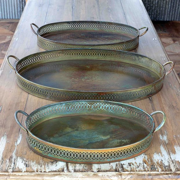 Aged Punched Pattern Rim Tray Set of 3 | Antique Farmhouse