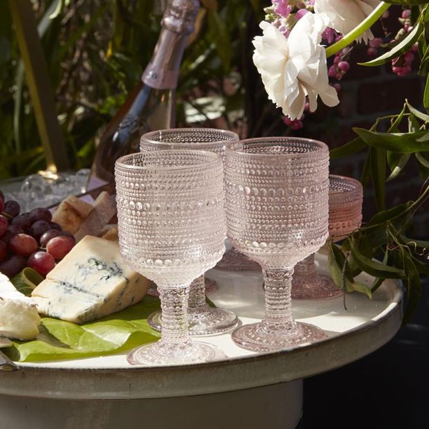 Beaded Rose Tinted Water Glass Set of 4 | Antique Farmhouse
