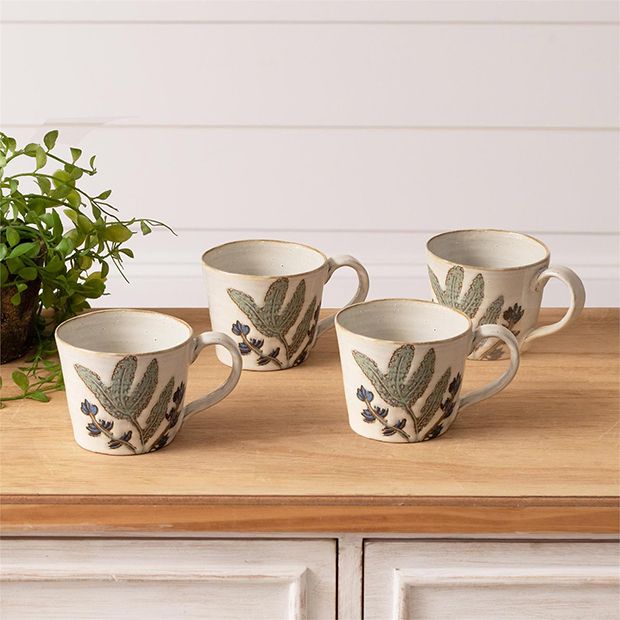 Beautiful Botanical Stoneware Mugs Set of 4 | Antique Farmhouse