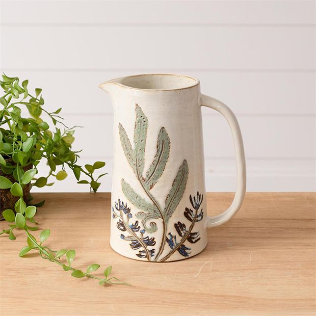 Beautiful Botanical Stoneware Pitcher | Antique Farmhouse