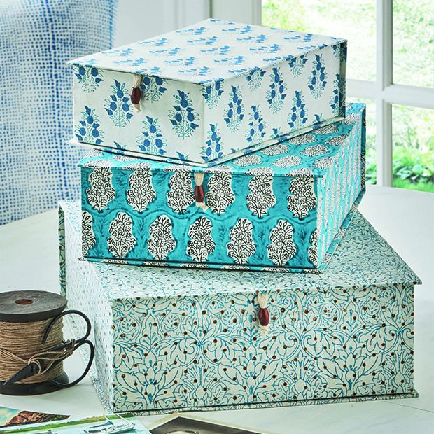 Block Print Handmade Paper Keepsake Boxes Set of 3 | Antique Farmhouse