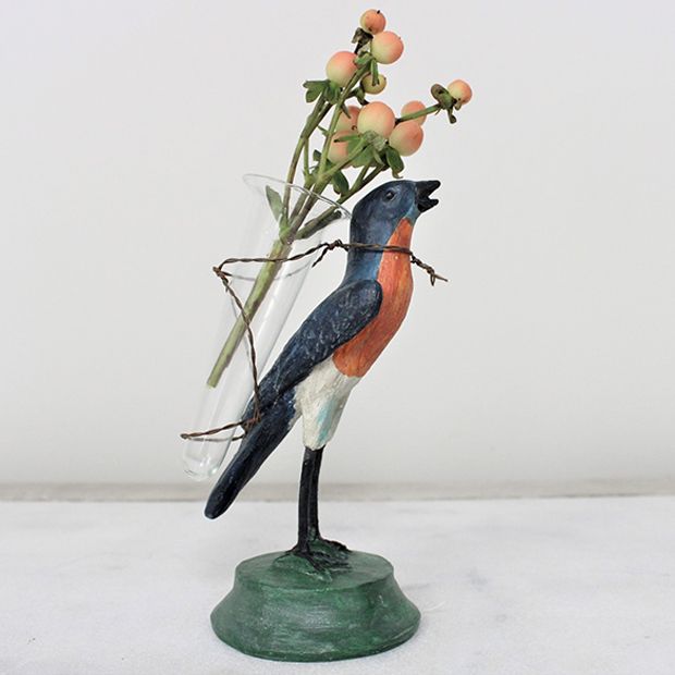 Blue Bird Figure with Glass Vase | Antique Farmhouse