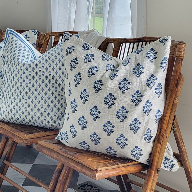 Blue Floral Block Print Pillow Cover | Antique Farmhouse