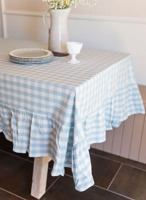 Blue Gingham Ruffled Tablecloth | Antique Farmhouse