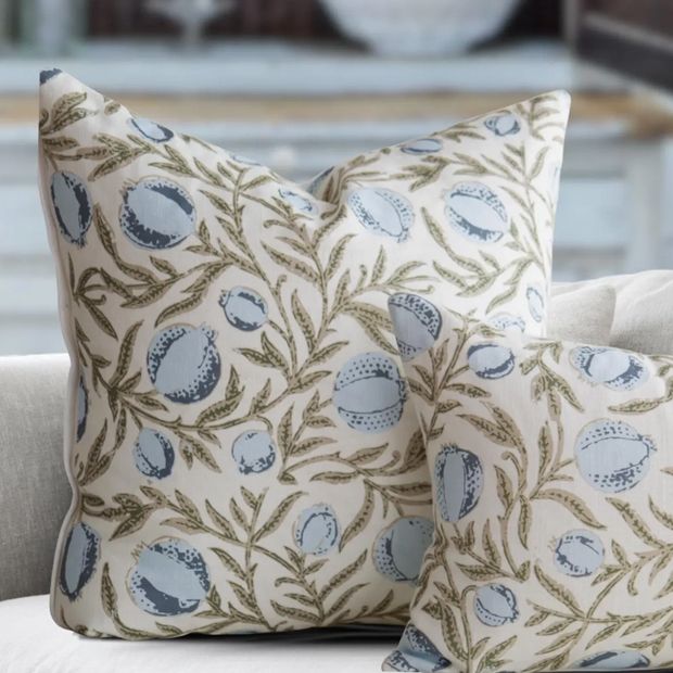 Blue Pomegranate Block Print Pillow Cover Square | Antique Farmhouse