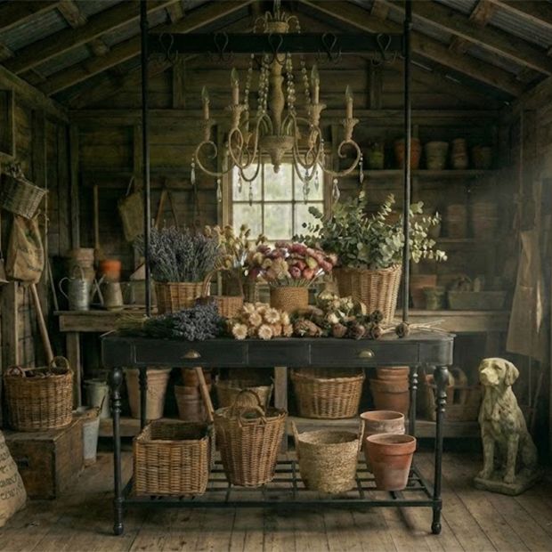 Botanist Work Table With Hooks | Antique Farmhouse