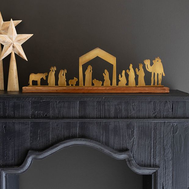 Brass Nativity Scene On Wood Base | Antique Farmhouse