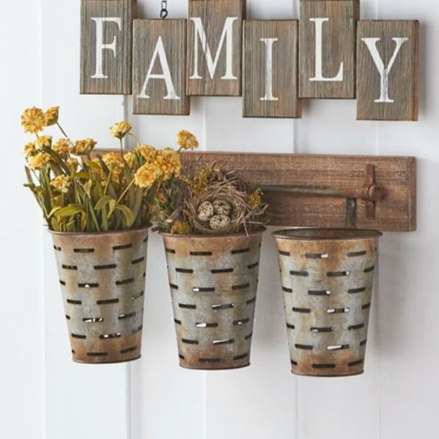 Mini Olive Buckets on Wood Wall Hanging | Antique Farmhouse