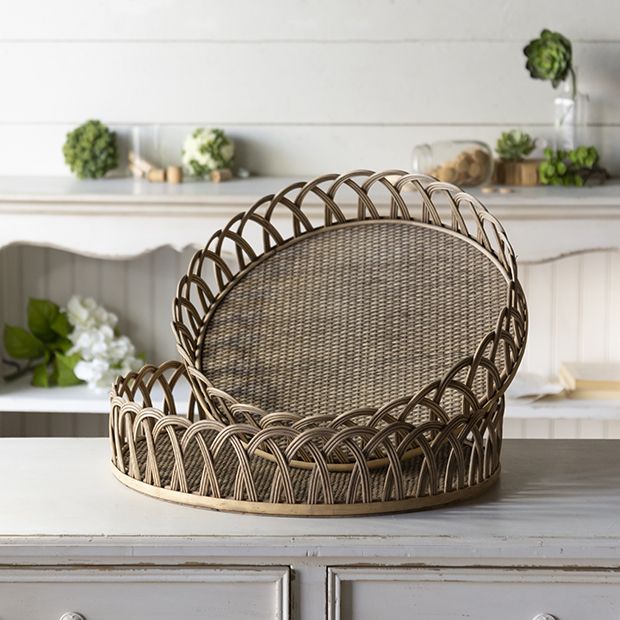 Round Rattan Basket Tray Set of 2 | Antique Farmhouse