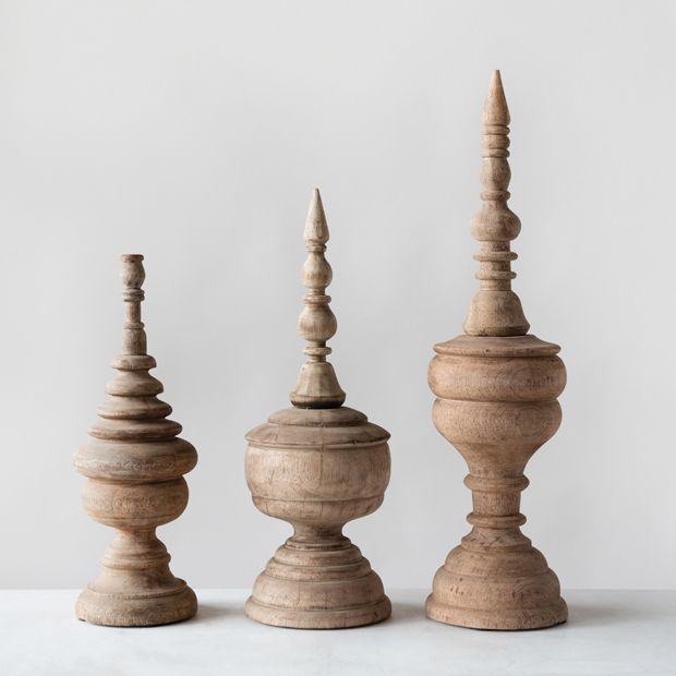 Carved Mango Wood Tabletop Finial Decor Set of 3 | Antique Farmhouse