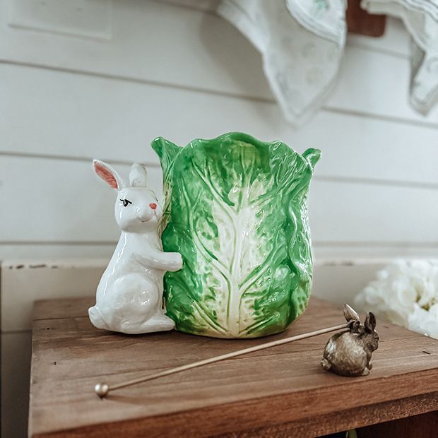 Ceramic Bunny With Cabbage Container | Antique Farmhouse