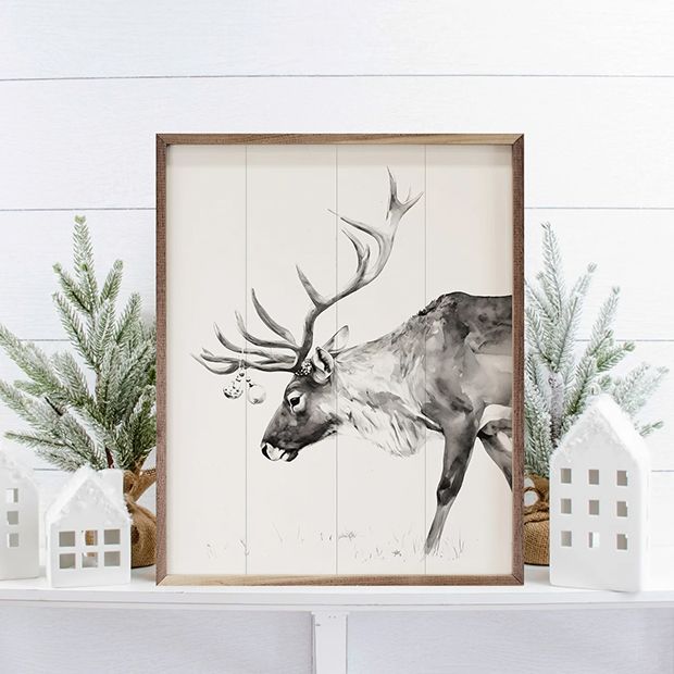 Christmas Reindeer Framed Wall Decor | Antique Farmhouse