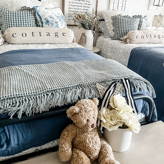 Cotton Waffle Fringed Throw Blue | Antique Farmhouse