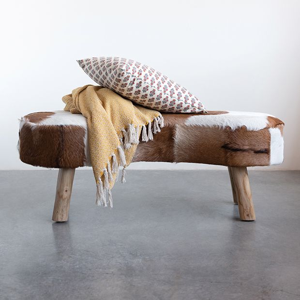 Cowhide Print Goat Fur Covered Bench | Antique Farmhouse