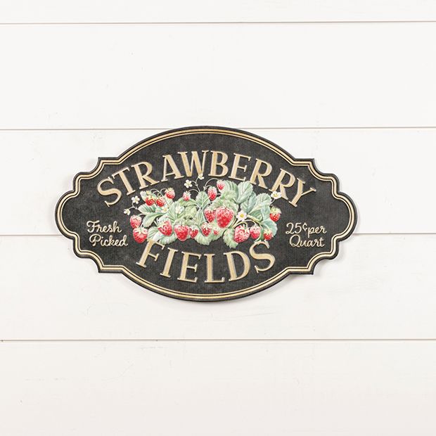 Dark Metal Strawberry Fields Sign | Antique Farmhouse