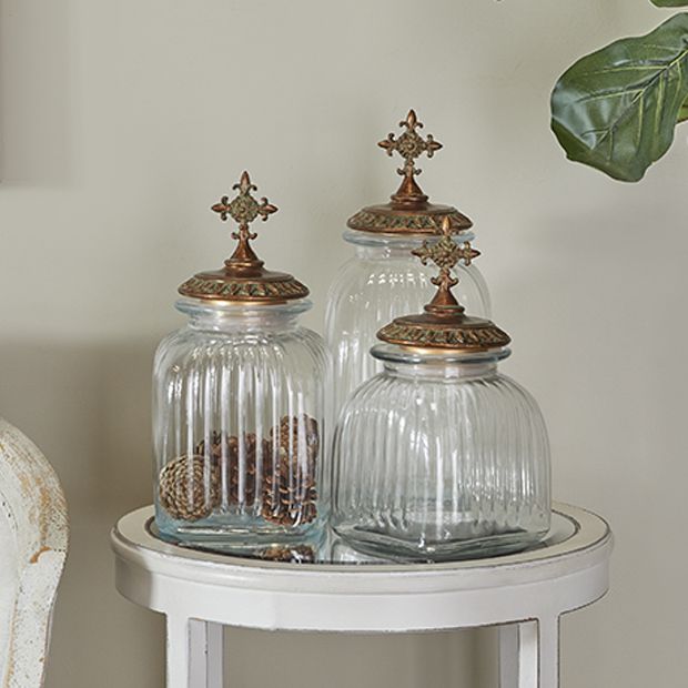 Display Jar With Cross Finial Lid Set of 3 | Antique Farmhouse