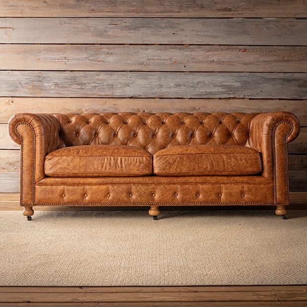 Distressed Leather Roll Arm Sofa Antique Farmhouse
