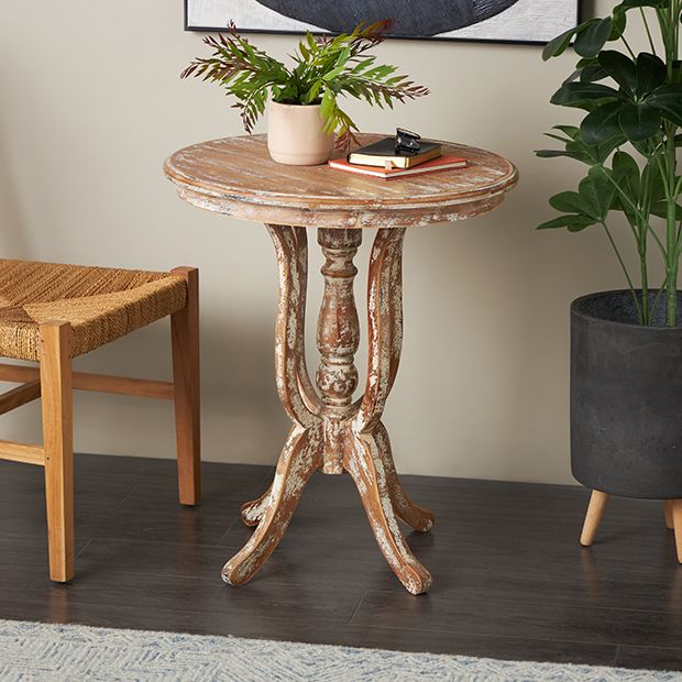 Distressed Wood Round Pedestal Accent Table | Antique Farmhouse