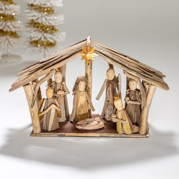 Driftwood Tabletop Nativity In Creche | Antique Farmhouse