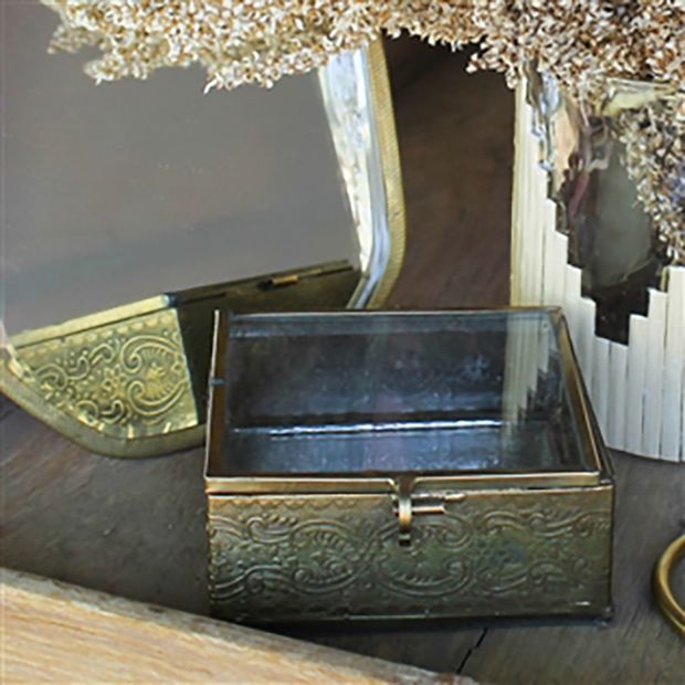 Embossed Brass Trinket Box With Glass Lid | Antique Farmhouse