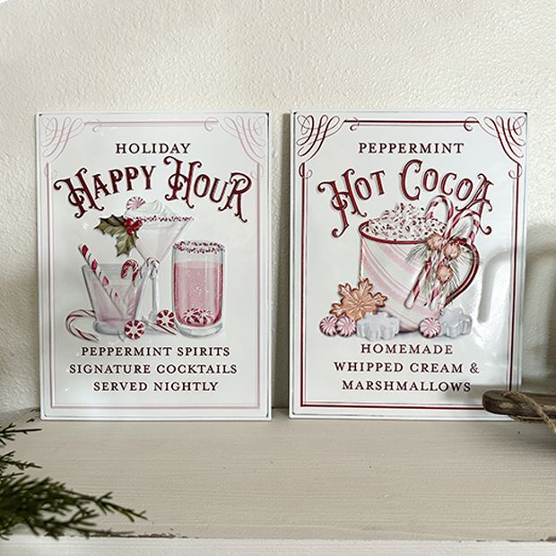 Embossed Metal Holiday Refreshment Signs Set of 2 | Antique Farmhouse