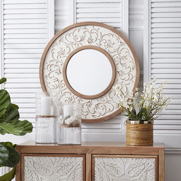 Embossed Scroll Round Frame Wall Mirror | Antique Farmhouse