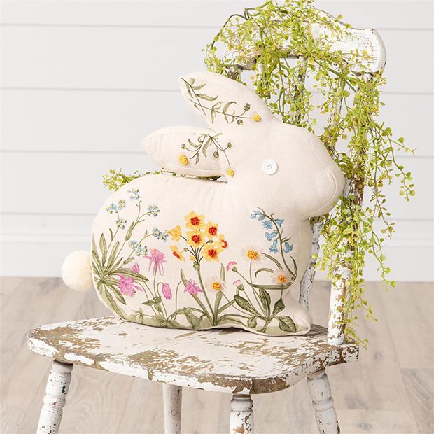 Embroidered Floral Bunny Rabbit Pillow | Antique Farmhouse