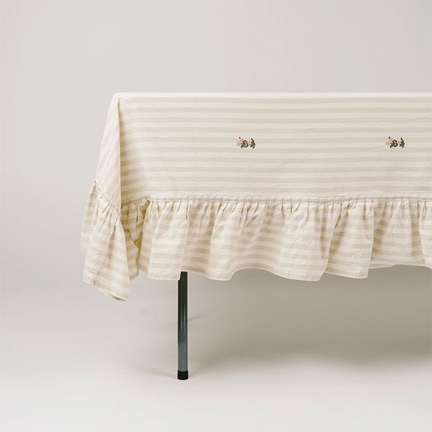 Embroidered Floral Striped Ruffled Tablecloth | Antique Farmhouse