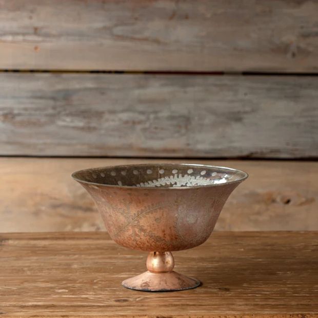 Etched Copper Mercury Glass Compote Bowl | Antique Farmhouse