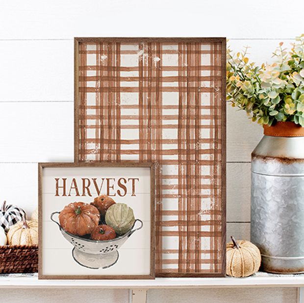 Fall Watercolor Plaid Orange Framed Wall Decor | Antique Farmhouse