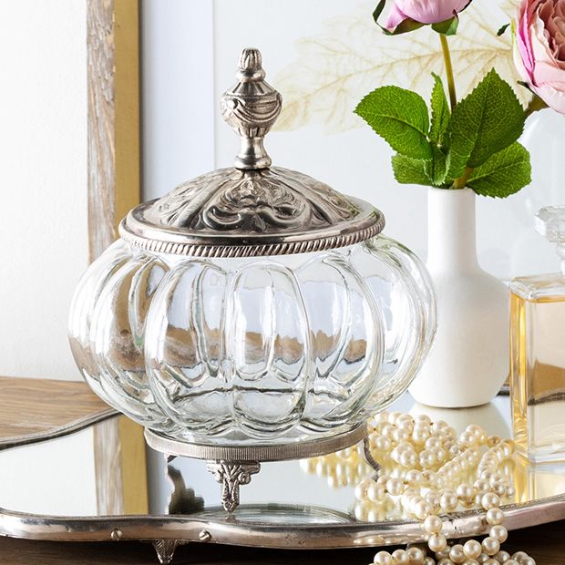 Footed Ornate Glass Vanity Jar | Antique Farmhouse