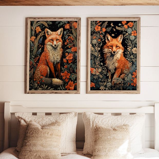 Fox In Wildflowers Ready To Frame Flat Canvas Print | Antique Farmhouse