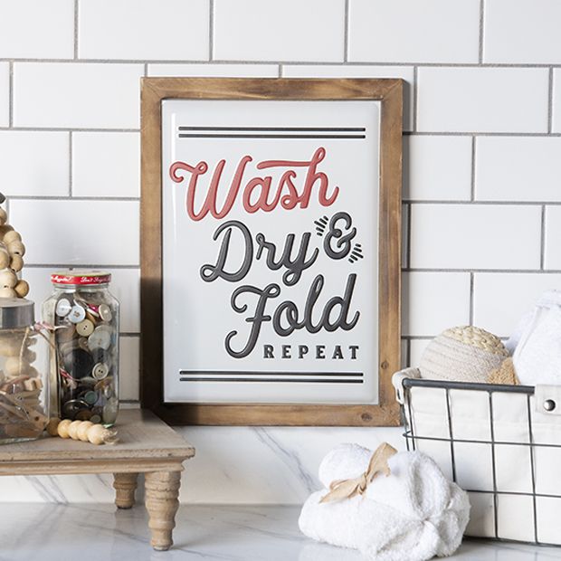 Framed Metal Wash Dry Fold Laundry Sign | Antique Farmhouse