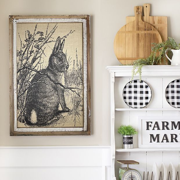 Framed Sitting Rabbit On Burlap | Antique Farmhouse