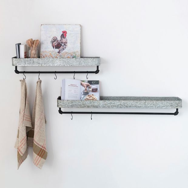Galvanized Metal Shelf With Hooks Set of 2 | Antique Farmhouse