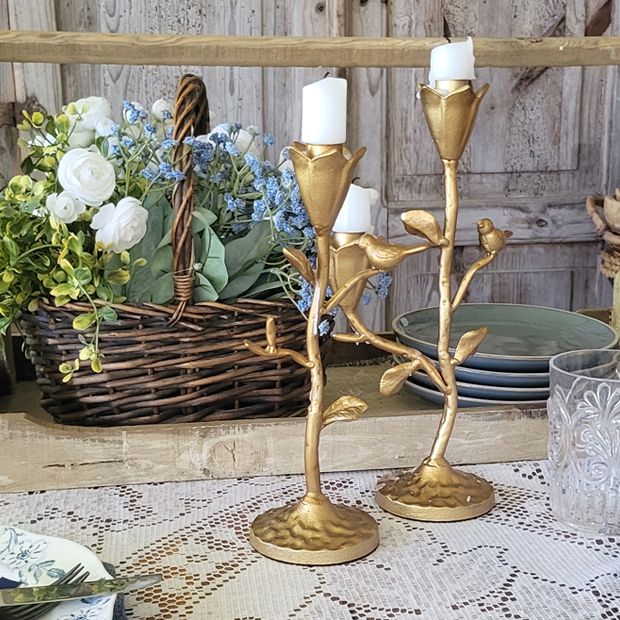 Gold Finish Flower and Bird Taper Holder | Antique Farmhouse