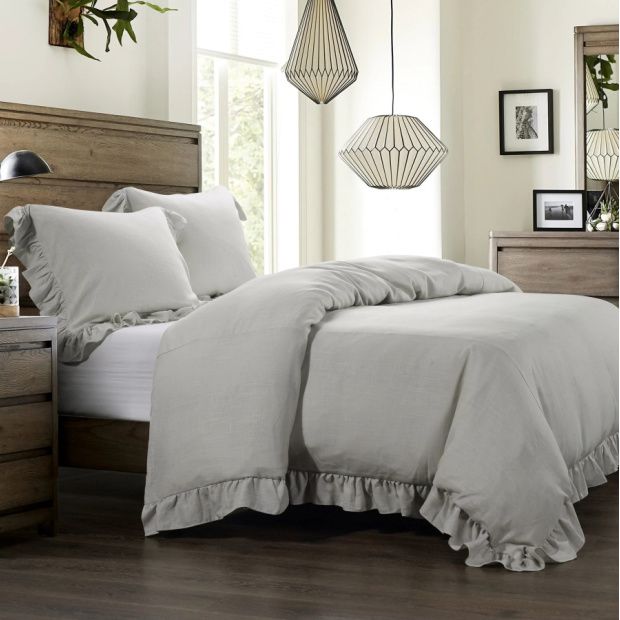3 Piece Gray Ruffled Linen Comforter Set | Antique Farmhouse