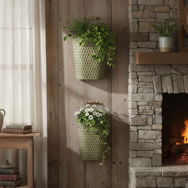 Green Textured Iron Wall Planter Set of 2 | Antique Farmhouse