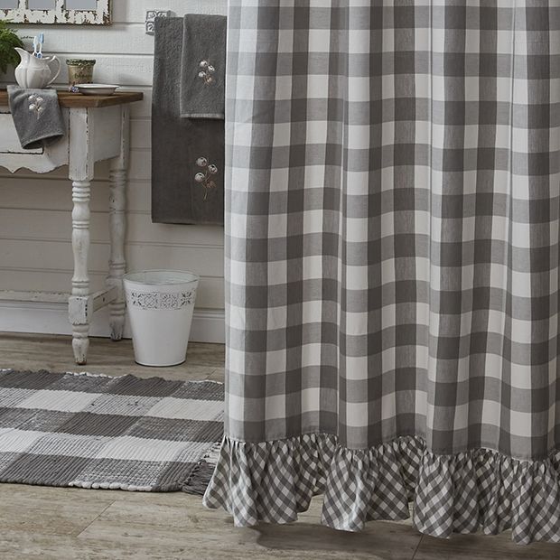 Grey Check Ruffled Shower Curtain | Antique Farmhouse
