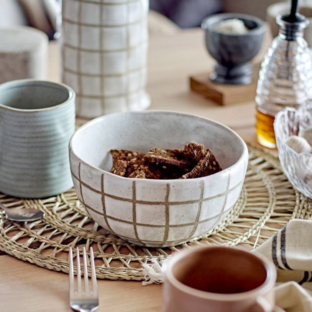 Grid Pattern Stoneware Bowl Set of 4 | Antique Farmhouse