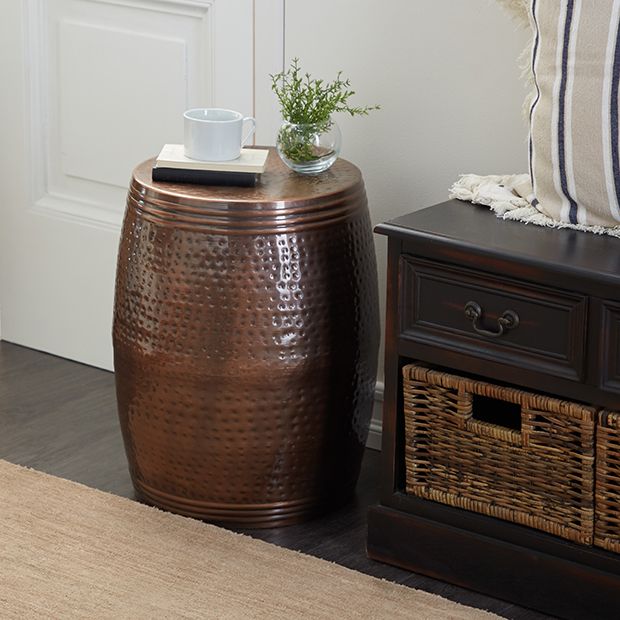 Hammered Metal Drum Side Table | Antique Farmhouse